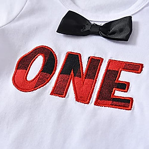 Pinleck Toddler Baby Boy Birthday Clothes Set Bowtie Romper Suspenders Ripped Denim Pants Outfits (1st Birthday-White-1Short, 18-24 Months)