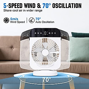 YOUNGTREE Portable Air Conditioner Fan, 5 Speeds Quiet Personal Mini Evaporative Air Cooler with Auto Rotation 70 °,8 Colors LED AC Desk Air Cooling Fan for Car Bedroom Camping