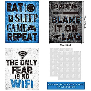 DRBLUEB 9 Pieces Video Game Themed Wall Art Print Poster, Game Themed Art Sign Print Room Wall Decoration Gift for Boys Bedroom Game Room Decorations Playroom Birthday Party Decor, No Frames 8” X 10”