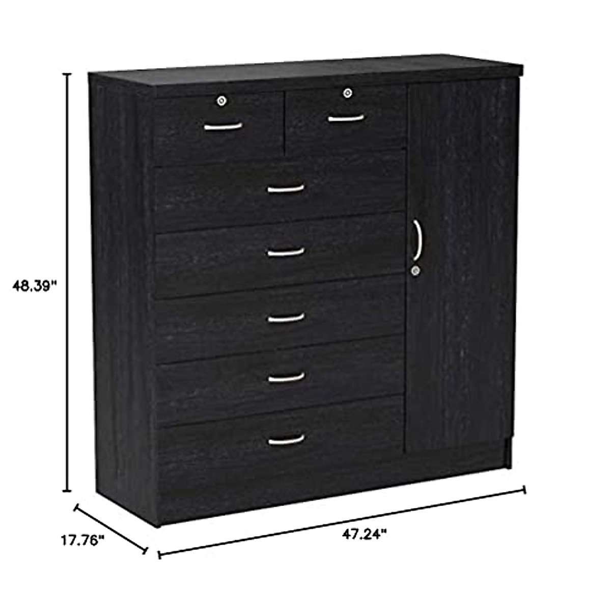 Hodedah 7 Drawer Jumbo Chest, Five Large Drawers, Two Smaller Drawers with Two Lock, Hanging Rod, and Three Shelves | Black