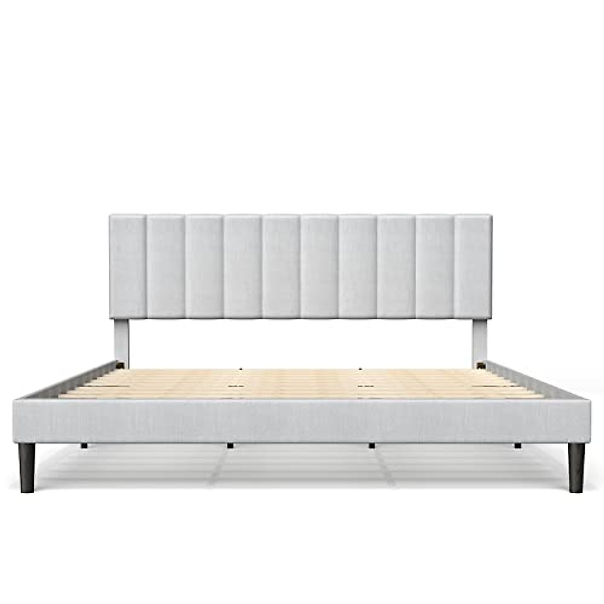 BONSOIR King Size Bed Frame Modern Vertical Panel Upholstered Low Profile Platform with Tufted Headboard/No Box Spring Needed/No Bed Skirt Needed/Linen Fabric Upholstery/Light Grey