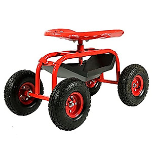 Sunnydaze Rolling Garden Cart Scooter with Wheels and Tool Tray, 360 Swivel Seat, Red