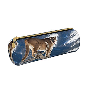 OUSIKA Panther Mountain Lion Round Pencil Bag Waterproof Leather Pen Case Makeup Bag Travel Toiletry Bag Organizer Case For Men Women