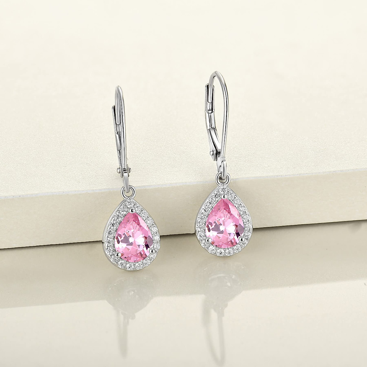 YL Women's Dangle Drop Earrings Sterling Silver Solitaire Leverback Earrings Halo Teardrop Created Pink Tourmaline Jewelry Gifts
