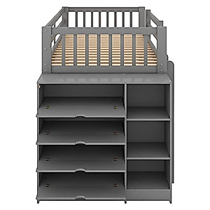 P PURLOVE Twin Over Twin Bunk Bed with Attached Cabinet and Shelves Storage, Wooden Bunk Bed Frame with Ladder and Guardrail, for Teens Girls Boys, Gray