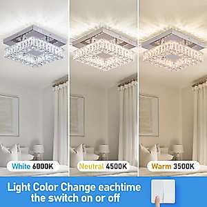 YPQXYHDA 9.8" Modern Crystal Ceiling Light Fixture Mini Square Chandelier Flush Mount Light Fixture Ceiling Lamp for Small Hallway Foyer Entryway Bedroom,3 Colors Adjustable