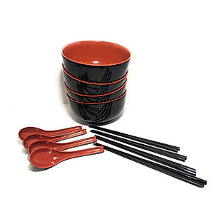 ROVATTA Ramen Noodle Soup Bowl Set- 12Pcs (4 SETS) 48 Oz Japanese Melamine Ramen (4) Spoons & (4) Chopstick Sets, Dishwasher Safe, Restaurant Quality Ideal For Ramen, Pho, Noodles & All Asian Cuisine