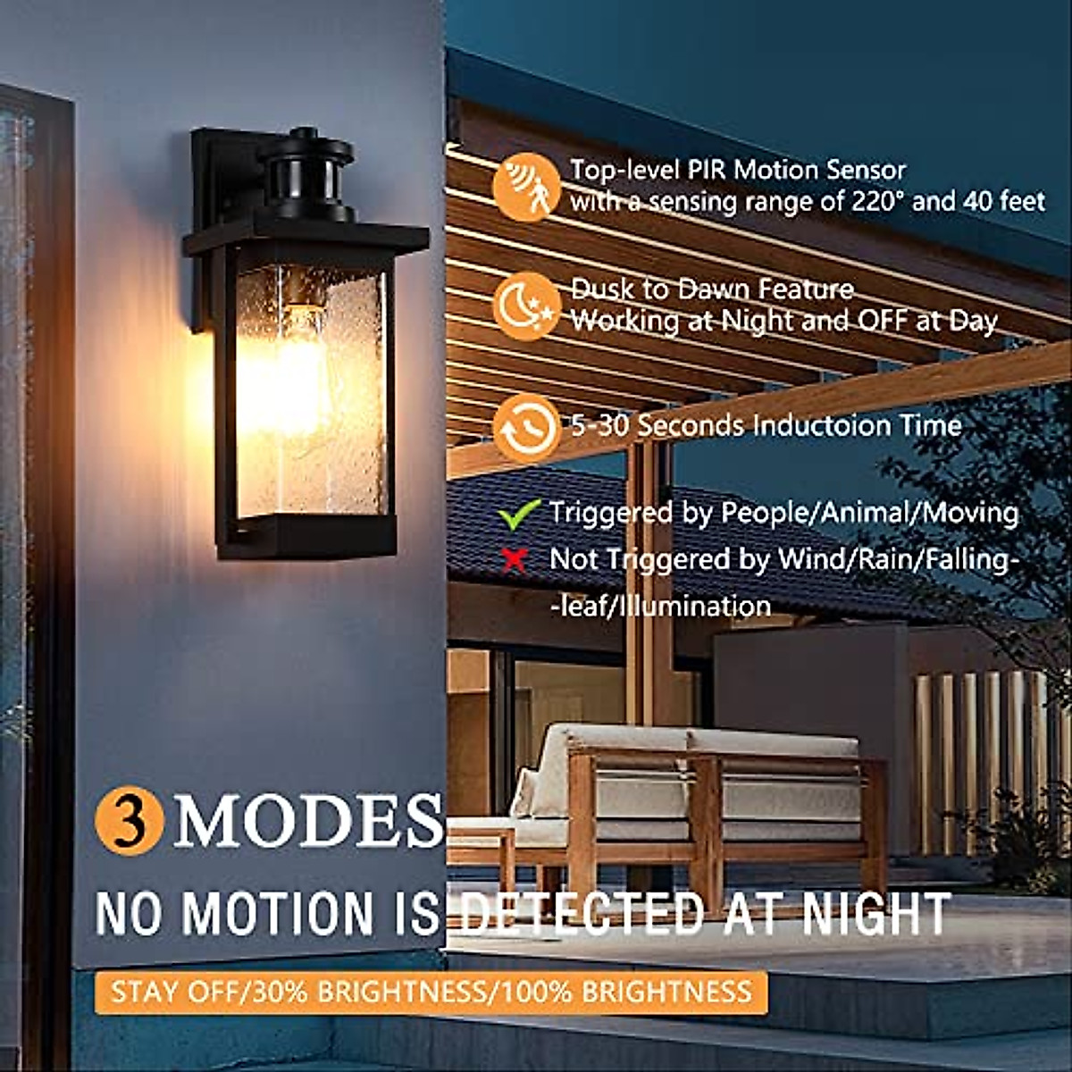 PTRWOROA Dusk to Dawn Motion Sensor Outdoor Wall Lights, Black Exterior Wall Sconce Lantern Lighting with Seed Glass, Wall Mounted Light Fixture for Garage Porch Patio