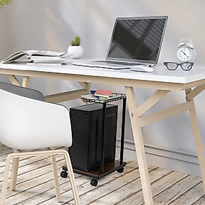 ABQ Computer Tower Stand, C-Shape Mobile CPU Holder with Storage Basket, 2 Tier CPU Stand Cart with Lockable Wheels, Fits Most Gaming PC Under Desk for Office Home