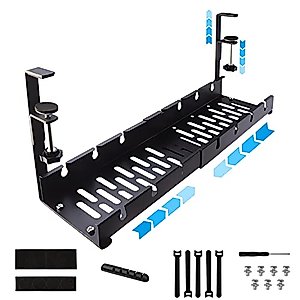 Under Desk Cable Management Tray, Adjustable Cord Organizer for Desk, Sturdy Wire Management Under Desk, Cable Organizer for Office and Home Standing Desk Retractable Design No Drills,Black