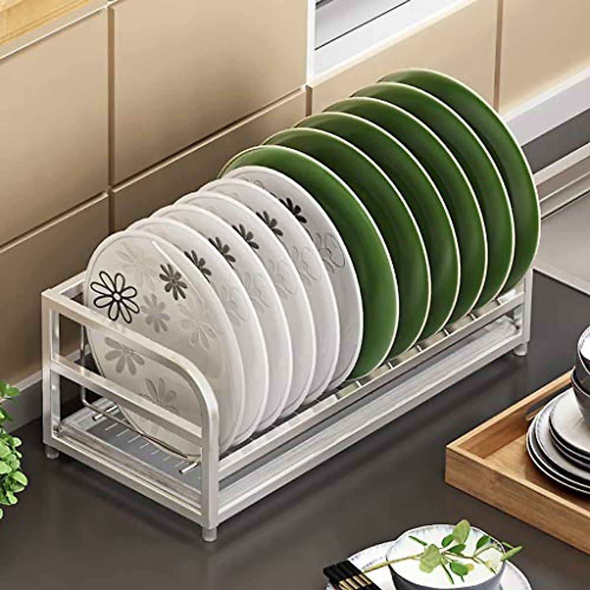 Dish Drying Rack, 304 Stainless Steel Dish Dryer Rack with Removable Drainer Tray Stand On Counter Top Sturdy, Durable and, 16.5" L x 7.9" W x 6.5" H Silver