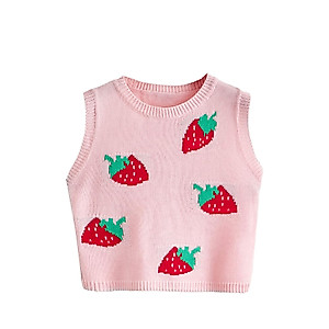 Floerns Women's Sleeveless Round Neck Cute Strawberry Sweater Vest Crop Shirt Top Pink S