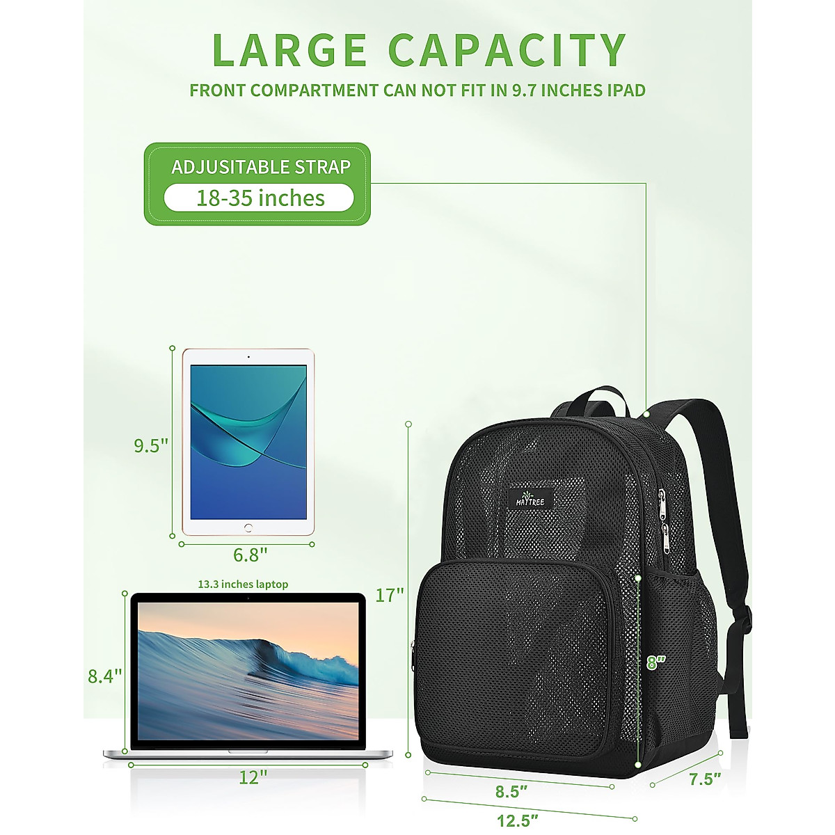 MAY TREE Heavy Duty Mesh Backpack, Semi-Transparent Mesh Backpack, See Through Mesh Backpack for Commuting, Swimming, Travel, Beach, Outdoor Sports (Black)