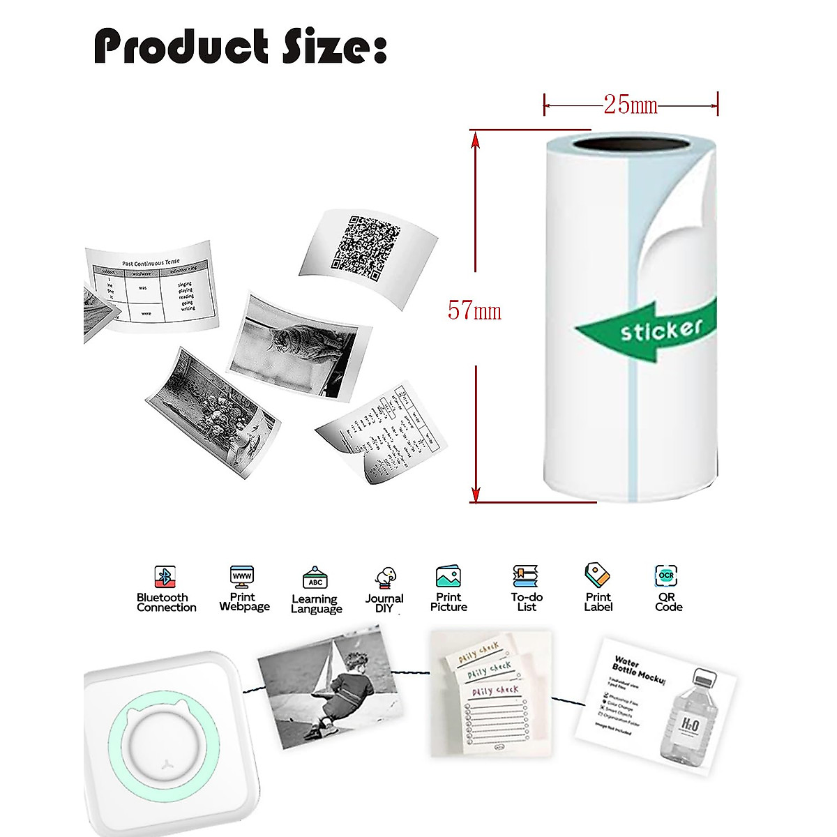 Mini Printer Sticker Paper, 10 Rolls Thermal Printer Sticker Paper 57 X 25mm, Printable Sticker Paper for Mini Printer Paper and Most Instant Print Cameras