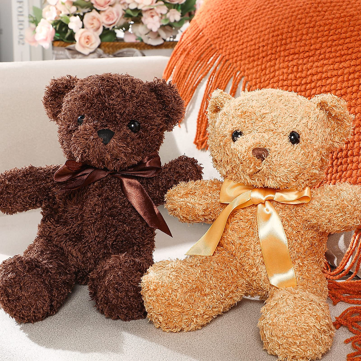 5 Pcs Bears Stuffed Animal Soft Plush Toys 12 Inches Cute Bear Small Shaggy Bear with Hoodie Bow Tie for Kids Boys Girls Baby Shower Birthday Party (Light Brown, Dark Brown, Bow Tie Style)