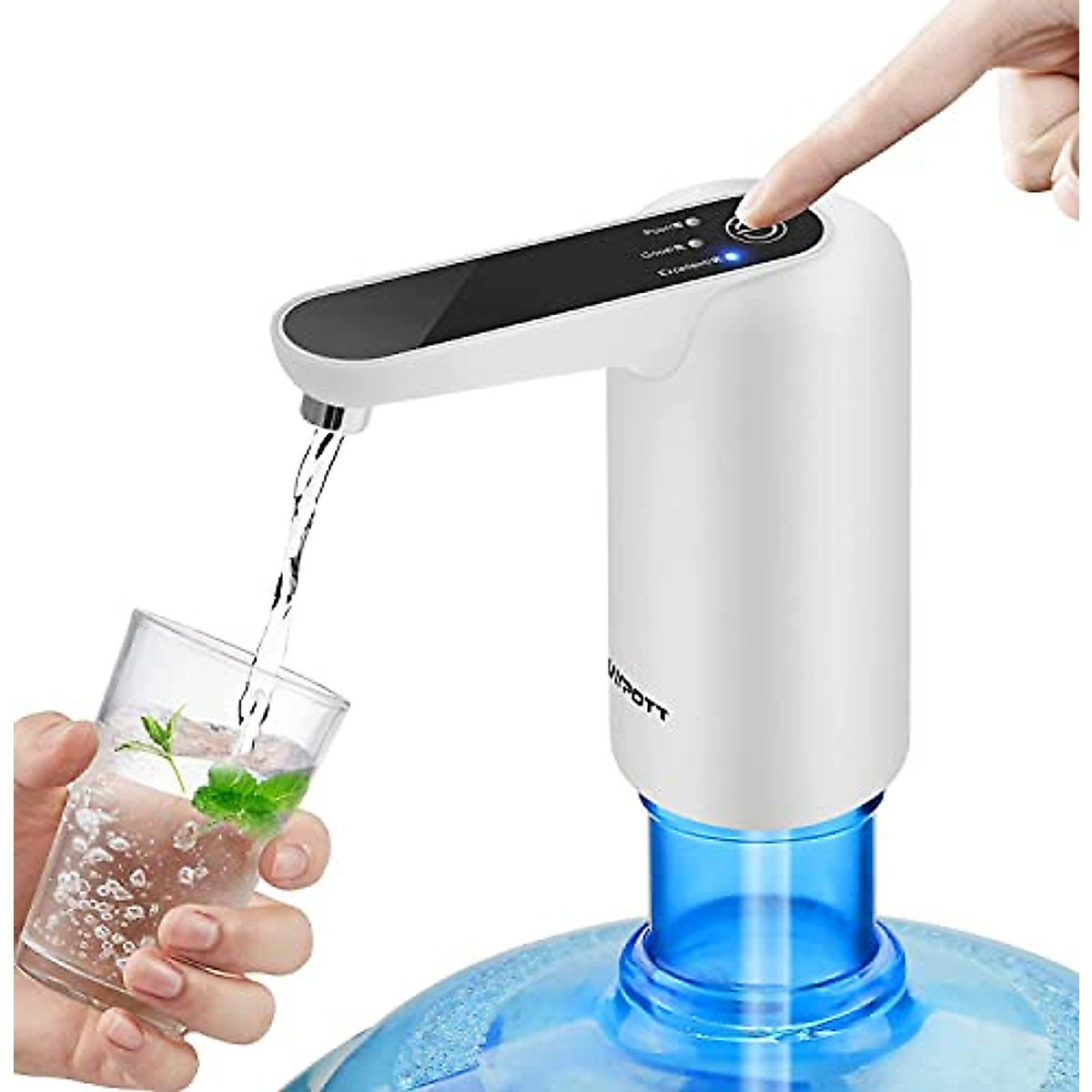 Electric Water Bottle Pump, Maypott Water Jug Pump for 3-5 Gallon Bottle Build-in TDS Water Quality Tester USB Charging Low Noise Portable Drinking Water Dispenser for Camping Outdoor (White)