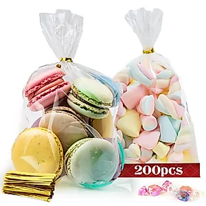 JOHOUSE 200PCS Cellophane Bags Bulk, 6x9inch Clear Gift Bags Christmas Treat Bags with Ties Cookie Bags for Toast Candy Bakery Party Wrapping