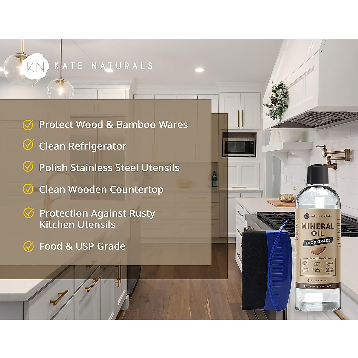 Kate Naturals Mineral Oil for Cutting Board 8oz with Wax Applicator. Food Grade & Food Safe Mineral Oil to Protect Wood on Cutting Boards & Butcher Blocks