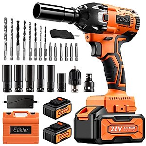 Elikliv Cordless Impact Wrench 1/2", 21V 4.0Ah 380Nm Power Impact Gun with 2pcs Battery, Charger, 6pcs Sockets, 14pcs Driver and Drill Bits - 3800 RPM Impact Driver for Car (Most Japanese Cars)