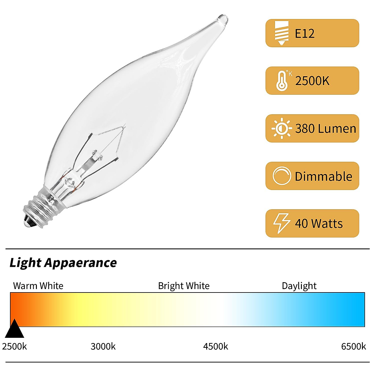 CYLYT 12-Pack E12 Candle Light Bulbs 40W Warm White 2500K, 380 Lumen Dimmable Chandelier Light Bulbs for Ceiling Fan, Pendants or Outdoor, CA10 Clear Candelabra Base Bulbs