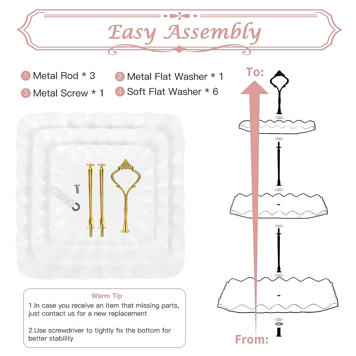 PinCute 5 Pcs Dessert Table Display Set - 2 X Cupcake Stand Holder/Cup Cake Tier Tower & 3 X Serving Tray Combo for Tea Party, Birthday, Baby Shower (Wave Square)