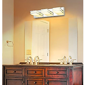 3 Color Temperature Dimmable Bathroom Light Fixtures over Mirror LED Chrome 3 Light Bathroom Vanity Light Fixtures Acrylic Stainless Steel Square Shade Vanity Lights for Bathroom, ETL Certificated