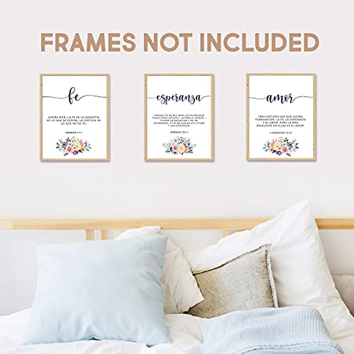 Fe Esperanza Amor Wall Decor - Cuadros Cristianos Para Pared en Español - Christian Wall Decor In Spanish - Set of 3 Prints - 8x10 - Unframed