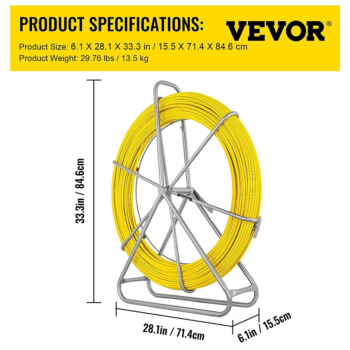 VEVOR Fish Tape Fiberglass 8MM 492FT Duct Rodder Fish Tape Continuous Fiberglass Tape Wire Cable Running with Cage and Wheel Stand