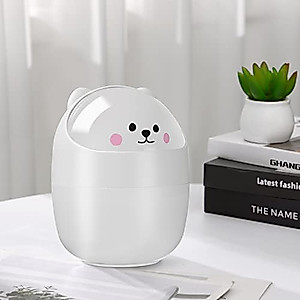 VOSAREA Mini Trash Can Desktop Trash Can Cartoon Bear Shape Wastebasket Small Table Waste Bin with Shake Lid for Home Office Desk (White)
