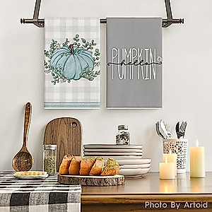 Artoid Mode Blue Eucalyptus Leaves Hello Pumpkin Fall Kitchen Towels Dish Towels, 18x26 Inch Seasonal Give Thanks Decoration Hand Towels Set of 4