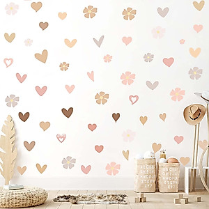 Colorful Flowers Wall Decals Boho Wall Stickers Pastel Hearts Wall Art Stickers Girls Bedroom Decor Pink Floral Decals Peel and Stick Heart Vinyl Murals Wallpaper for Kids Baby Room Nursery Decoration