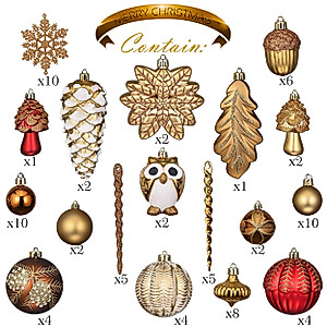 Valery Madelyn Christmas Tree Ornaments Set, 80ct Red and Brown Shatterproof Christmas Tree Decorations Bulk, Woodland Hanging Ball Ornaments for Xmas Trees Holiday Decor