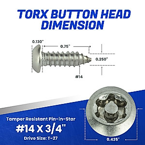 Fastenere Torx Security Sheet Metal Screws - #14 x 3/4" (10-Pack) Button Head, Tamper-Resistant, Anti Theft Stainless Steel Screws for Higher Level of Safety & Secure Fastening Solution