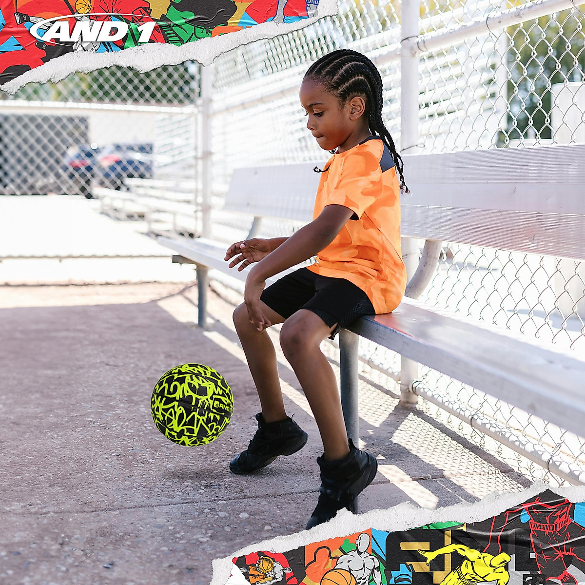 AND1 Fantom Graffiti Rubber Basketball Game Ready, 27.5 Inches, Youth Size 5, Made for Indoor and Outdoor, Sold Deflated (Pump NOT Included), Volt