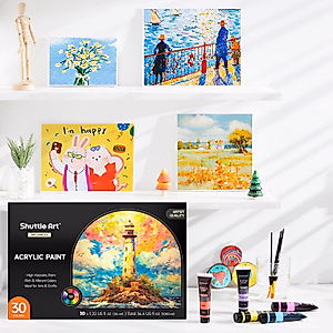 Shuttle Art 30 Colors Acrylic Paint Set, 36ml Tubes with 3 Brushes, Artist Grade Acrylic Paint, for Kids Adults Beginners, Painting on Crafts Canvas Wood Rocks