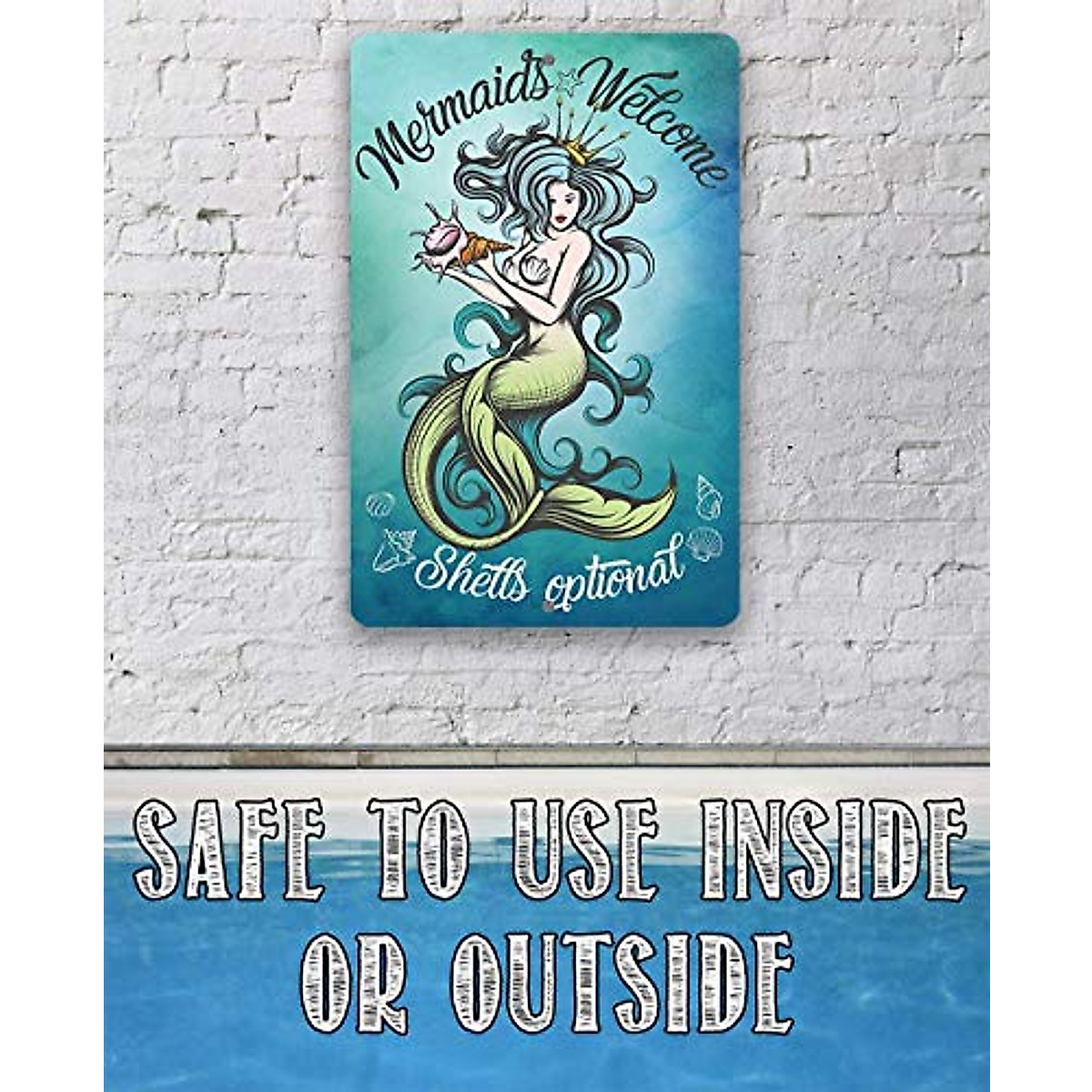 Metal Sign - Mermaids Welcome Shells Optional - Hanging Mermaid Wall Art Metal Sign - Use Indoor/Outdoor Your Home - Girl Mermaid Decor - Mermaid Room Decor For Girls Bedroom and Bathroom (8" x 12")