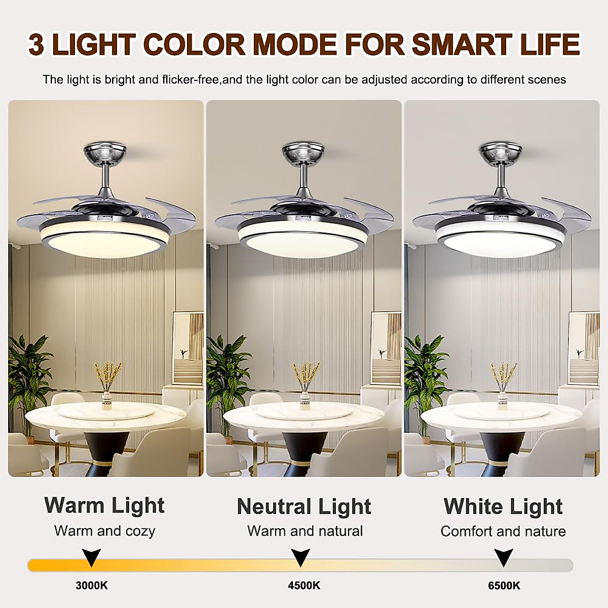 efperfect 48" Ceiling Fan Light Polished Chrome Clear Retractable Blades 3 Color Changes 3 Speeds LED Ceiling Fan with Remote Control for Living Room Bedroom Restaurant Kitchen