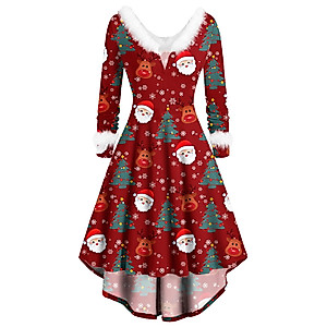 Red Dresses for Women Sexy Santa Christmas Printed Midi Dresses Furry V-Neck A-Line Swing Party Dress Cosplay Costume