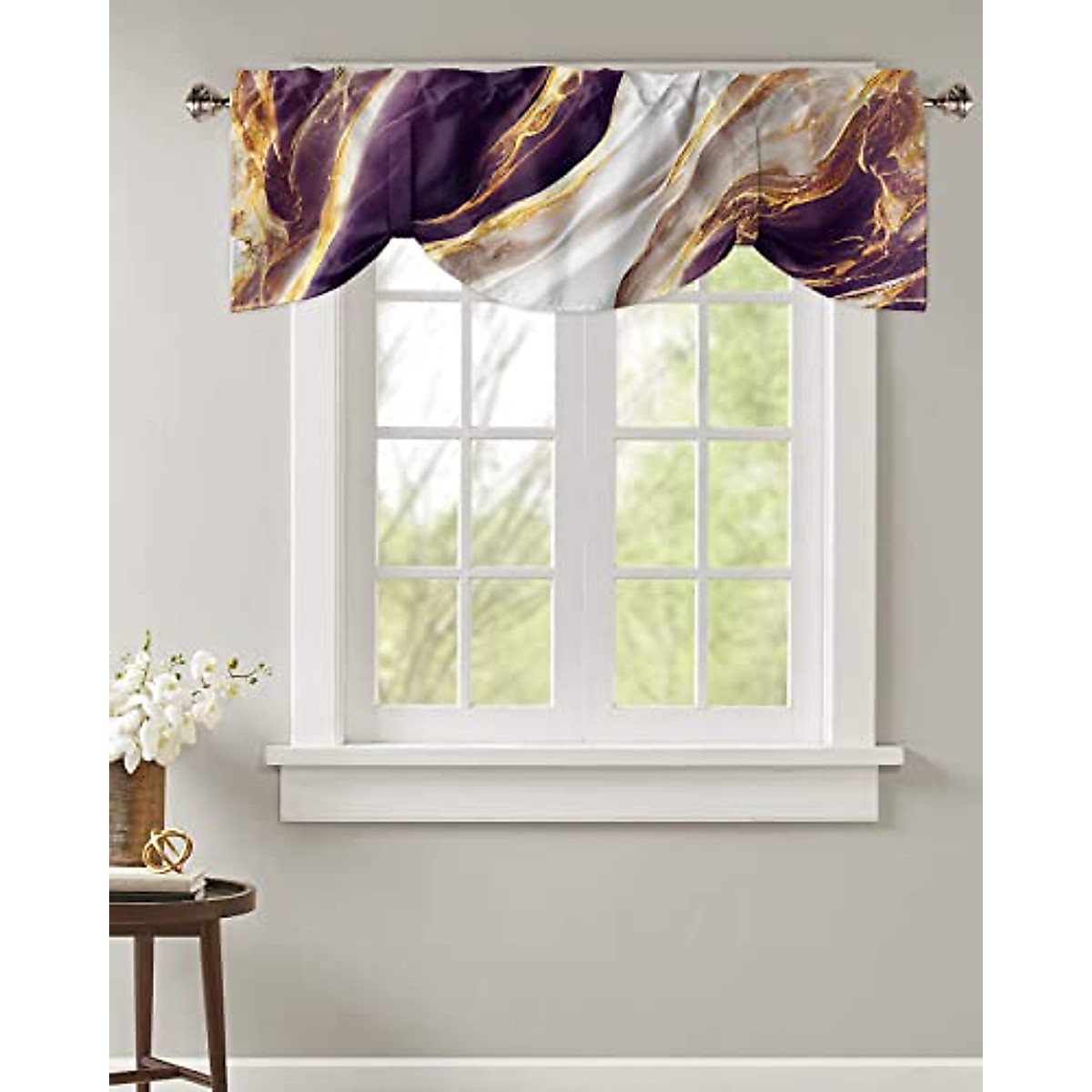 Sabolny Marble Purple Tie Up Valance Curtain for Kitchen Living Room Bedroom Bathroom Cafe, Rod Pocket Small Short Window Drape Panel Adjustable Drapary Print, Abstract Gold White Modern Art 54"x18"