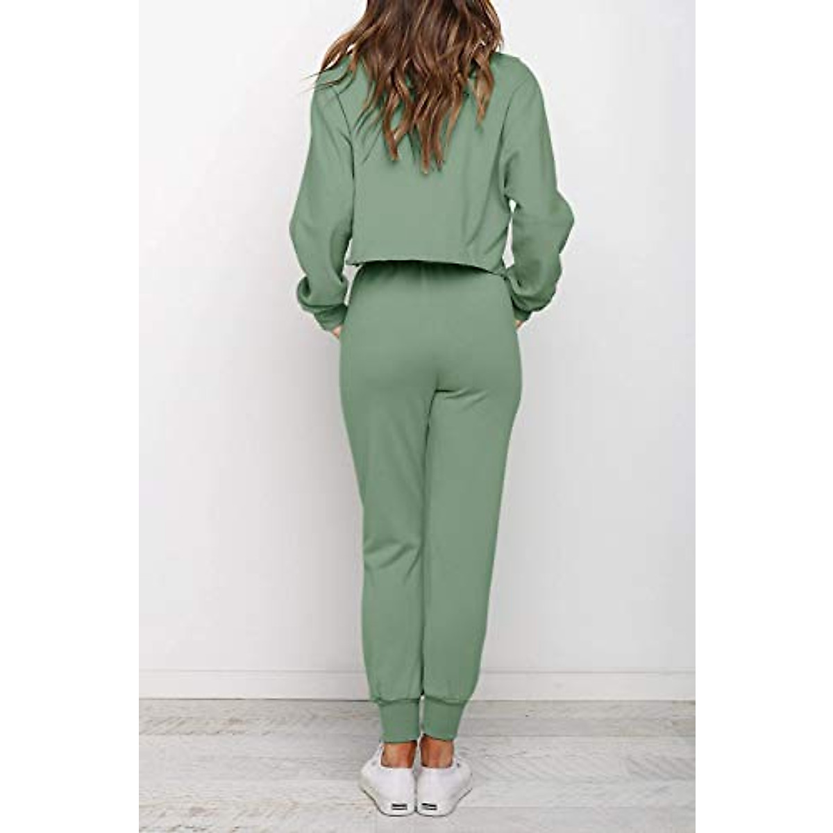 ZESICA Women's Long Sleeve Crop Top and Pants Pajama Sets 2 Piece Jogger Long Sleepwear Loungewear Pjs Sets,Green,Large