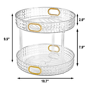YEAVS 2 Tier Lazy Susan, 11 Inch Clear Turntable 360° Rotating Deep Spice Makeup Organizer, Plastic Cosmetic Holder Condiment Rack with Handle for Kitchen Cabinet, Countertop, Bathroom Storage