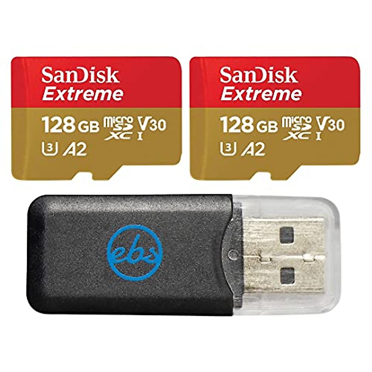 SanDisk Extreme 128GB V30 A2 microSDXC (2 Pack) Memory Card for DJI Mini 3 Also Works with DJI Mini 3 pro, DJI RC (SDSQXA1-128G-GN6MN) Bundle with 1 Everything But Stromboli Micro SDXC Card Reader