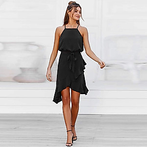 Shakumy Women Casual Sleeveless Halter Neck Boho Print Mini Dress Ruffle Irregular Hem Party Beach Tunic Short Dress