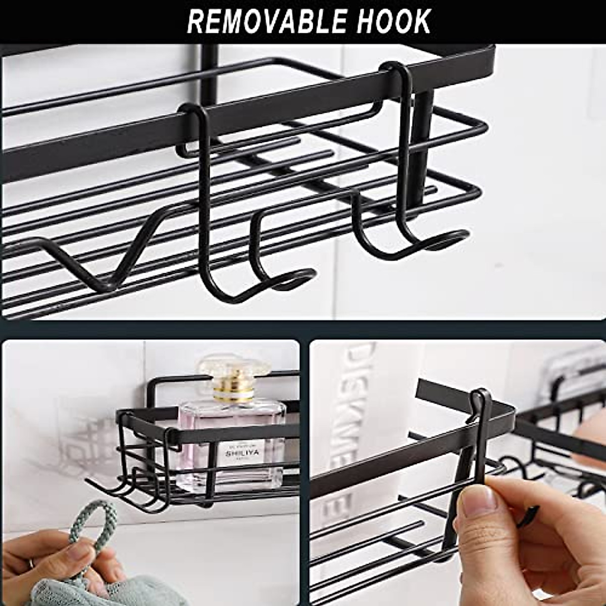 Shower Caddy Basket, Adhesive Shower Shelves with 3 Hooks/1 Soap Holder, No Drilling Bathroom Storage Organizer Rack Stainless Steel Black Shower Self for Inside Shower, Kitchen, Restroom, Toilet