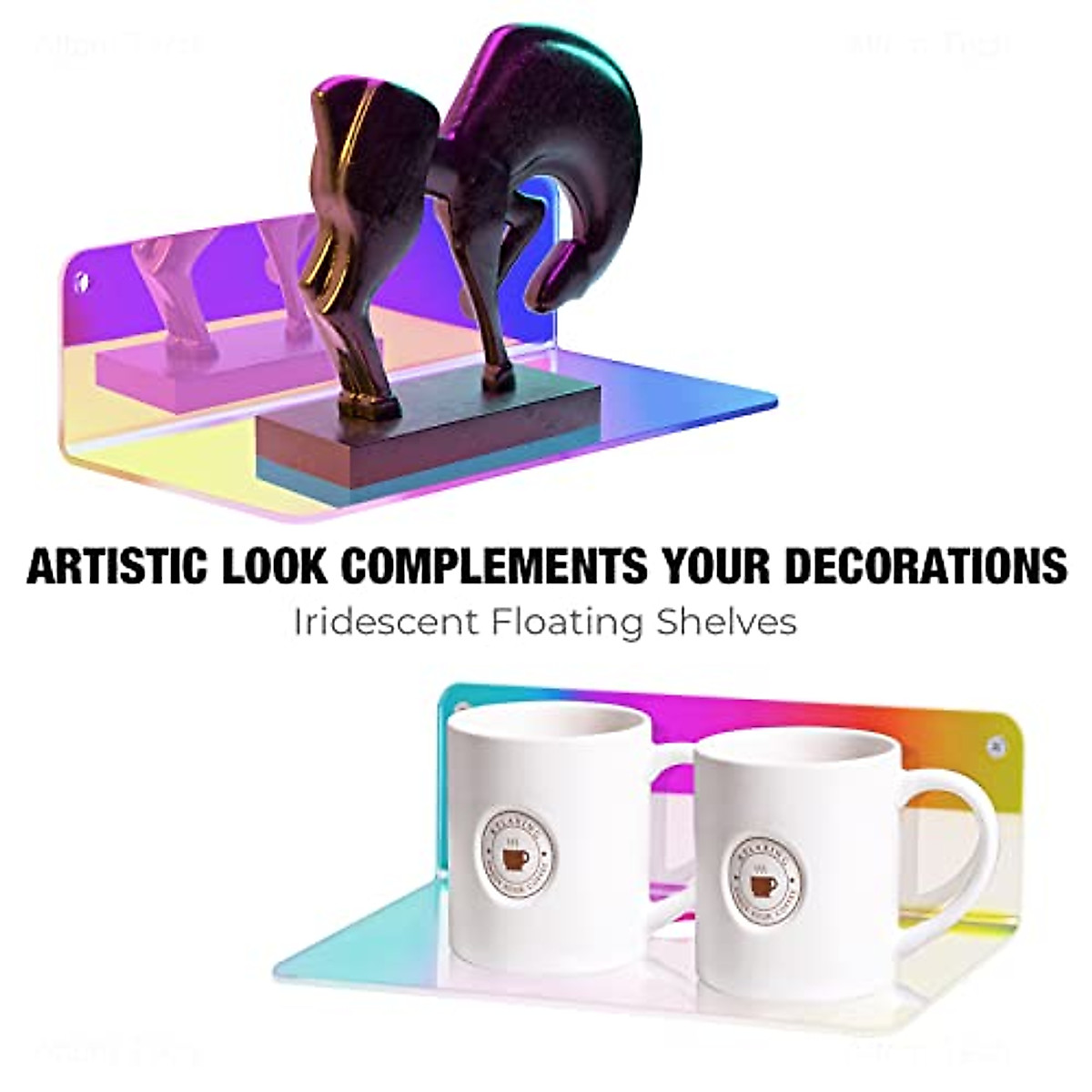 NiHome Iridescent Floating Shelves with Cable Clips - Set of 2, Small Wall-Mounted Acrylic Rainbow Display Racks for Stylish Home Storage in Bedrooms, Bathrooms, Living Rooms, Game Rooms and Offices