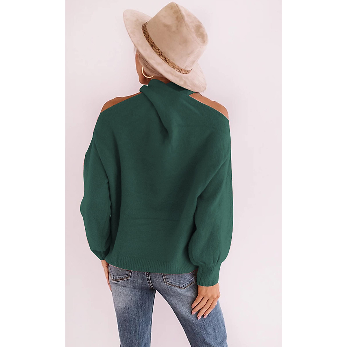 Angashion Women's Sweaters Casual Off Shoulder Tops Crossed V- Neck Long Sleeve Crop Halter Pullover Dark Green Small