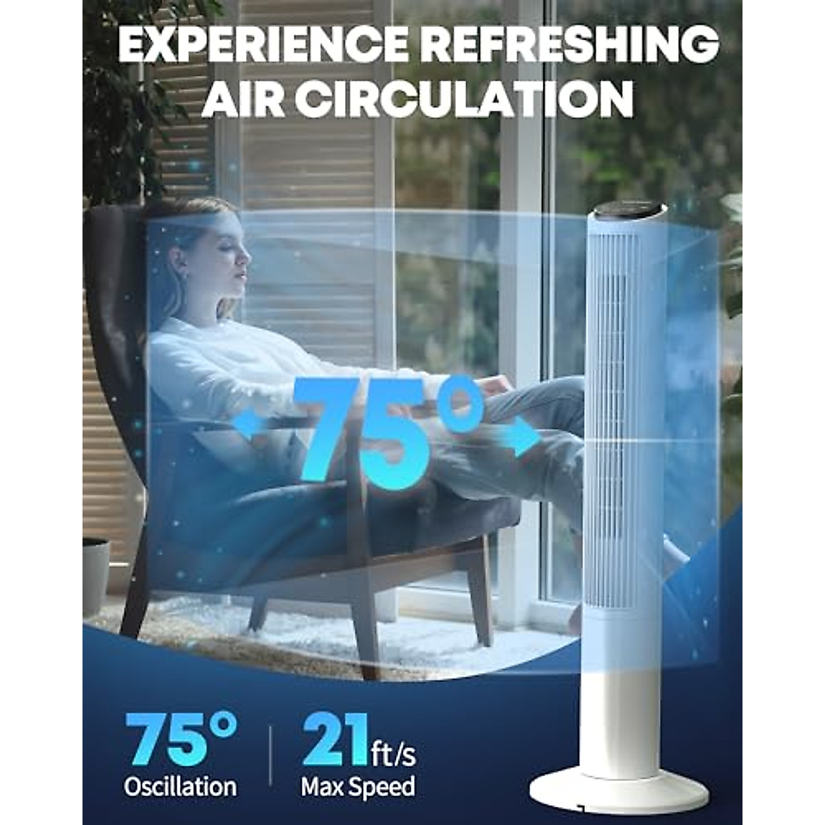 MIBOMIBO 40 inch White Tower Fan for Bedroom, Quiet Cooling Fan with LED Display, Oscillating Fans for Indoors with 3 Speeds, 15H Timer, Bladeless Fan, Standing Floor Fans,TF-K4007RW