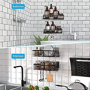 Anguang Shower Caddy Basket Shelf with Soap Holder, No Drilling Wall Mount Adhesive Bathroom Basket Shelves with Hooks, Rustproof 304 Stainless Steel Bathroom Kitchen Shower Storage Organizer -3Pack