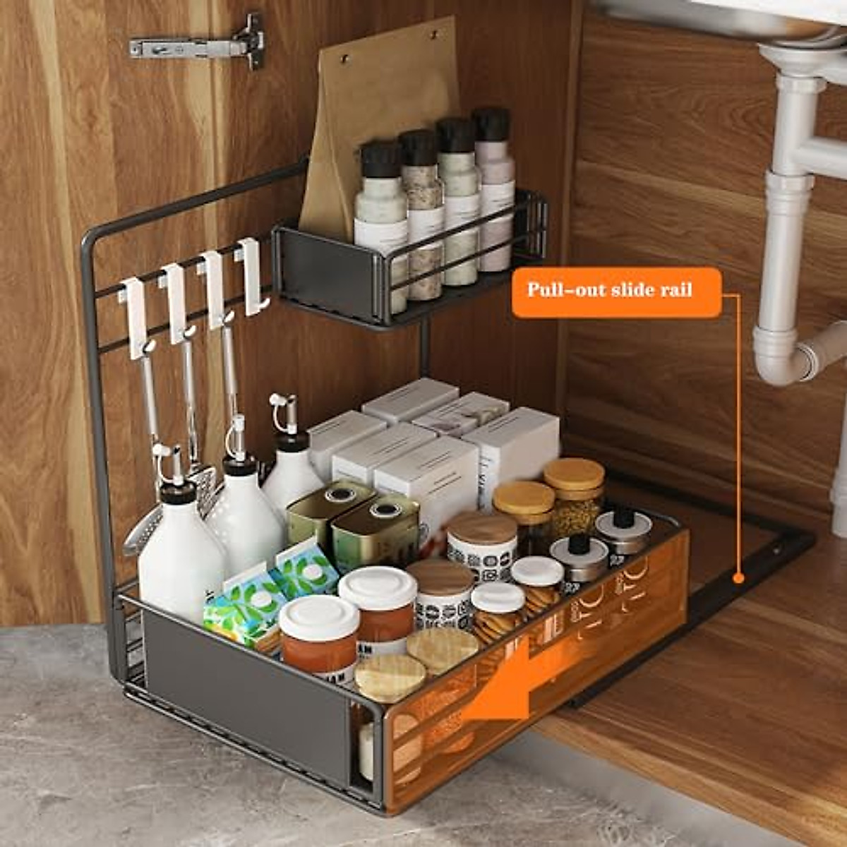 SLDMJFSZ Under Sink Organizers and Storage, 2 Tier Slide Out Kitchen Cabinet Organizer Sturdy Bathroom Storage, with Hook,White