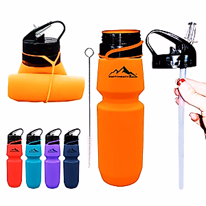 Collapsible Water Bottles (25 Oz) - Leakproof Foldable Water Bottle w/ Foldable Straw & Cleaner - BPA Free Lightweight Water Bottles - Ideal Sports Water Bottle for Camping, Traveling & More (Orange)